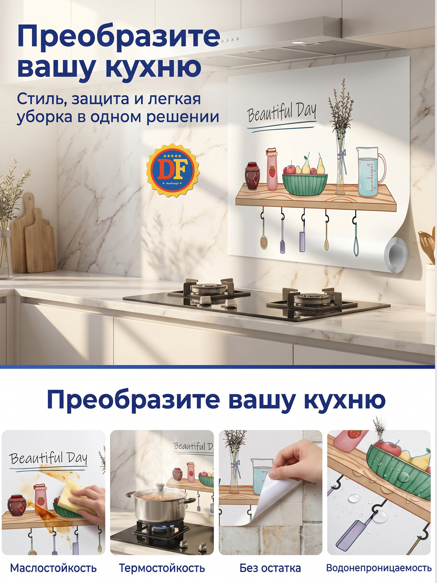 Кухня: для фартука на кухню, водо- и маслостойкость, Защита от высоких температур , самоклеящаяся , 90x60 см , YYT-010
