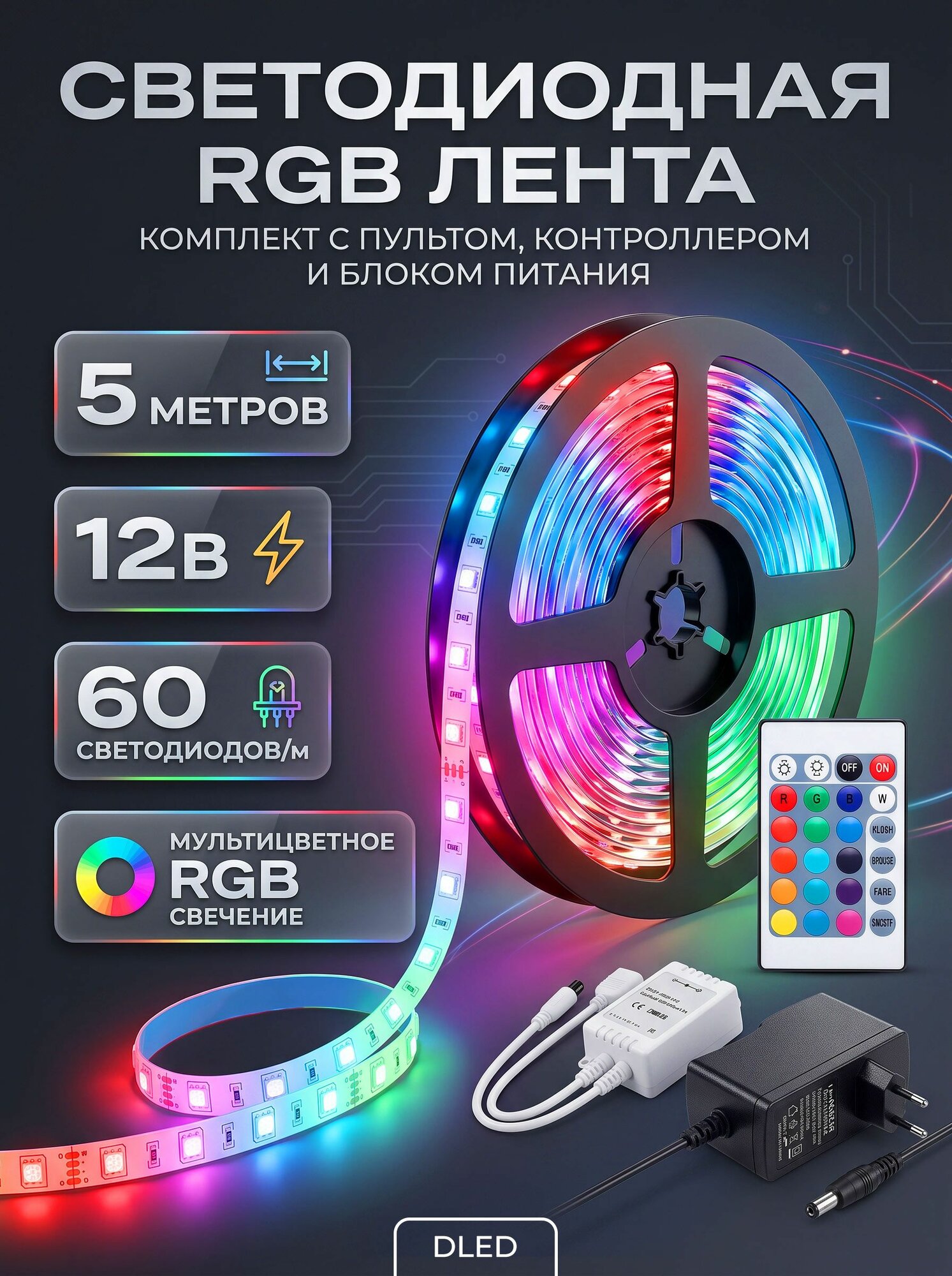 Светодиодная лента DLED 5 метров, 12В, IP65, 60 LED/метр с пультом многоцветная LED SMD 2835 5m RGB, с контроллером, пультом и блоком питания