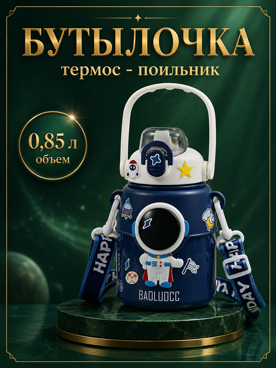 Термос детский с ремешком Космос, Термобутылка для горячих напитков с ручкой, Непроливайка с кнопкой, 850мл, Синий