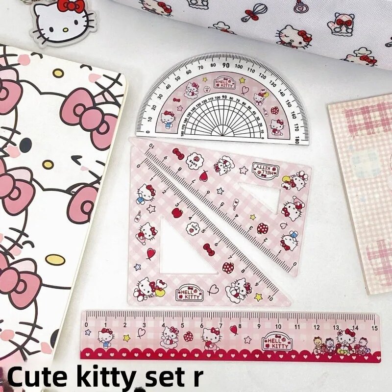 Милый набор линеек с принтом Hello Kitty для женщин и девочек, кавайный мультяшный измерительный инструмент с прямой линейкой, треугольником и транспортиром — фото 1