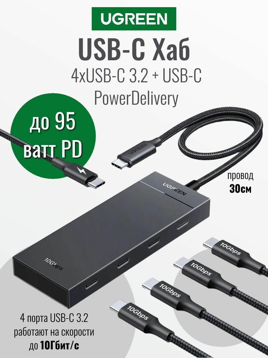 Хаб UGREEN CM806 (55334) 5-in-1 USB-C 10Gbps To 4xUSB-C 3.2 Hub With PD. Цвет: черный