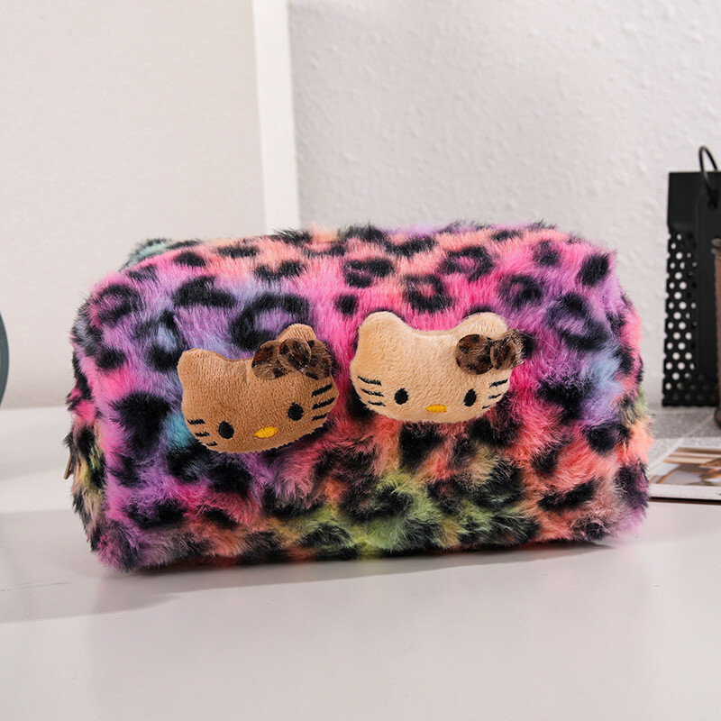 Pink leopard print plush makeup bag with large capacity for travel and storage, rosaleopard