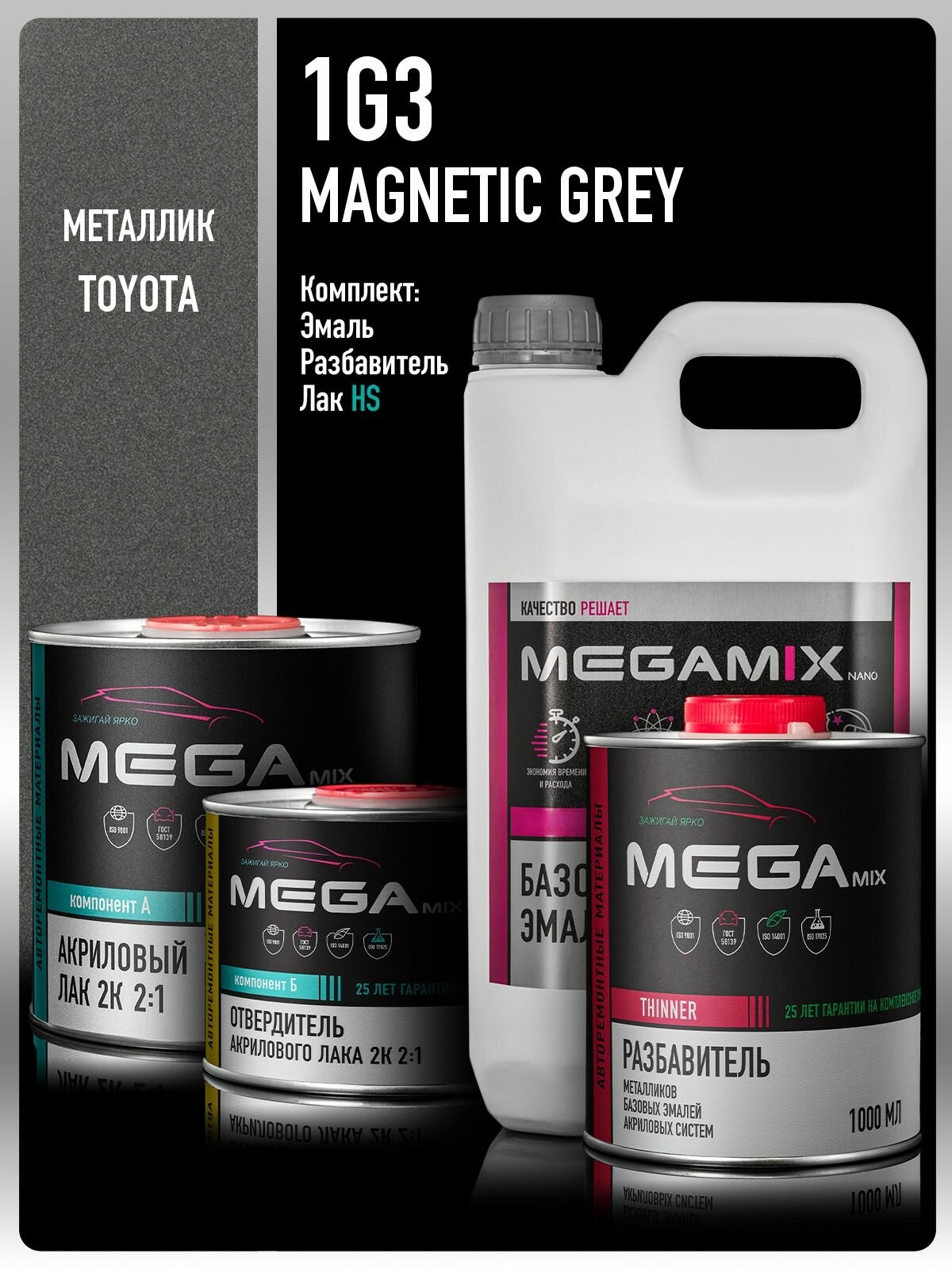 Базовая эмаль Toyota Magnetic Grey 1G3, Комплект: (Эмаль 2,7 л. + Разбавитель 1 л. + Лак автомобильный HS, 1275 мл.), Megamix