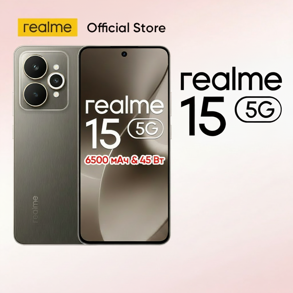 Смартфон realme 15 5G чипсет Dimensity 7300+ 5G аккумулятор 7000 мАч зарядка 80 Вт дисплей 6,77 дюймов 144 Гц AMOLED двойная AI камера 50 МП двойная запись видео 4K NFC IP69