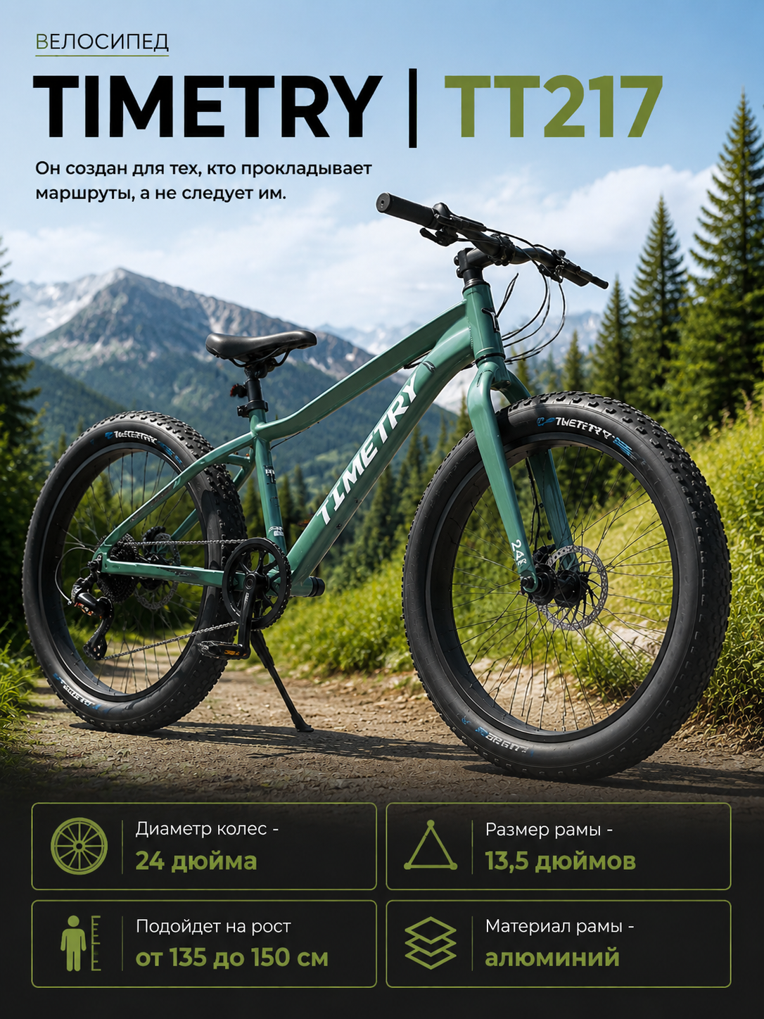 Велосипед горный фэтбайк TIMETRY ORIGINAL TT217, 24" колеса, алюминиевая рама, зеленый