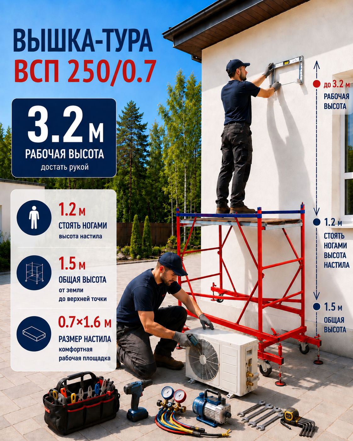 Вышка-тура ВСП - 250/0.7 Высота - 1.5 м, с настилами и колесами