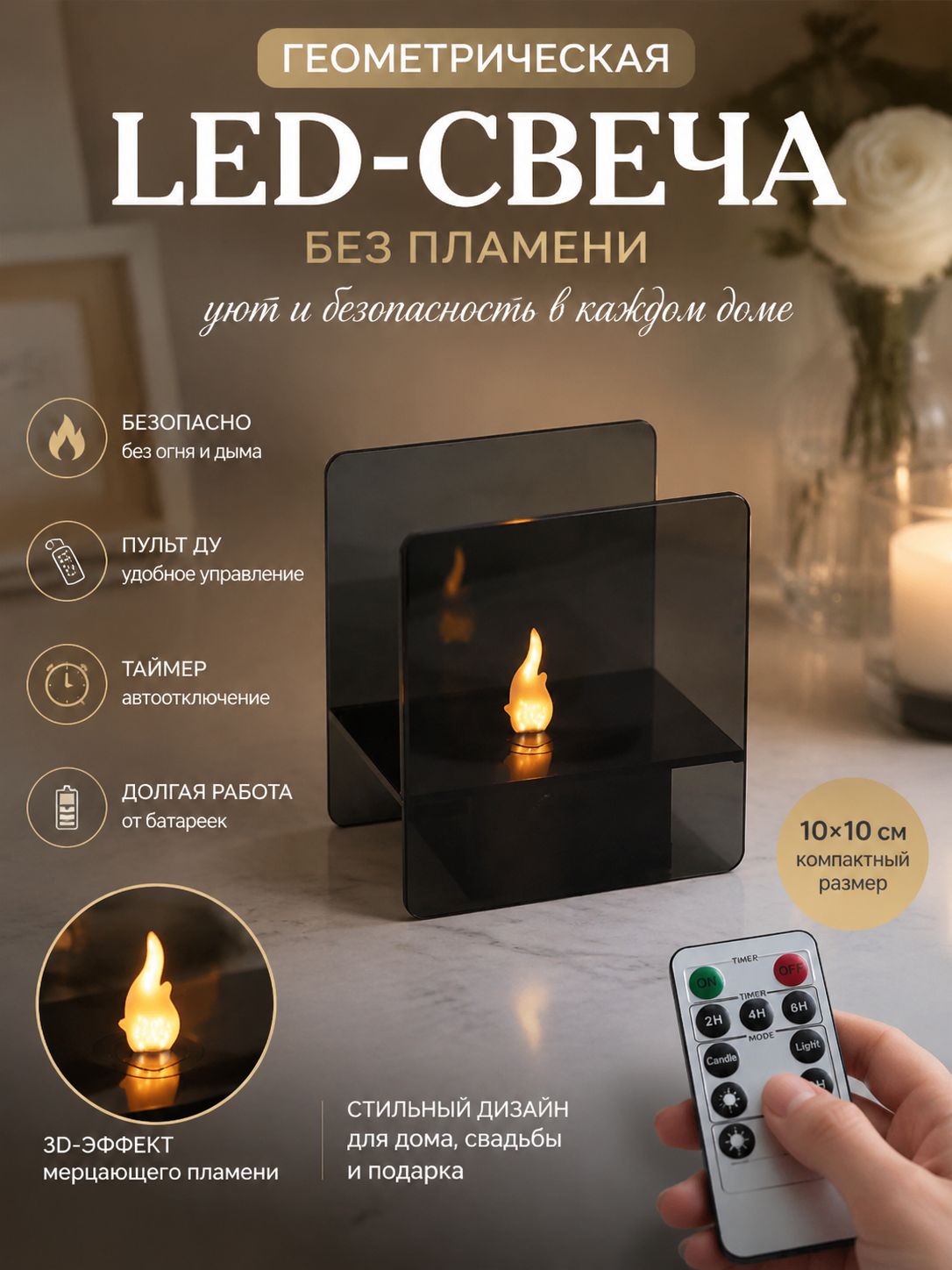 Геометрическая LED-свеча без пламени с пультом ДУ и 3D-мерцанием, восковая свеча-столбик для дома, свадьбы и подарка