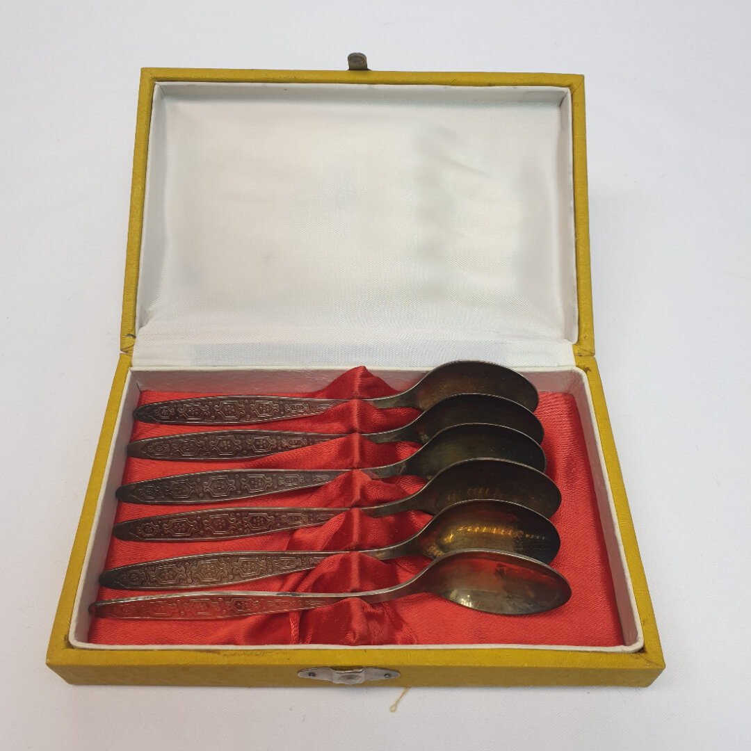 Набор чайных ложек 6 шт, МНЦ, патина, коробка. Винтаж, СССР.