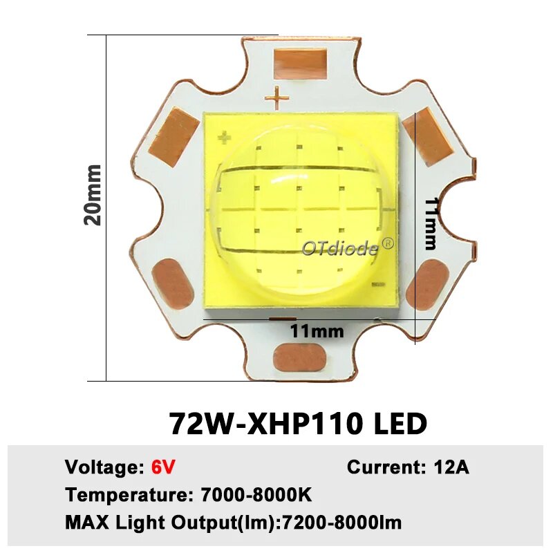 LED XHP110 72W, 6V, 12A, 7000-8000K, Желтый