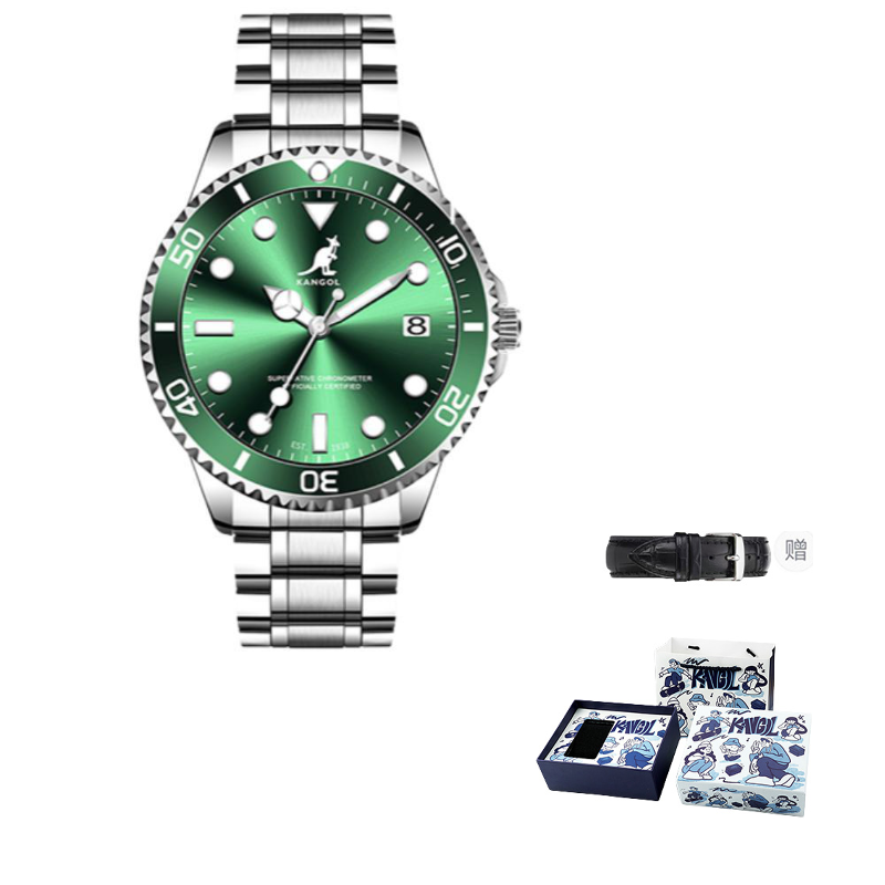 Часы дайверы мужские KANGOL Kangaroo Diver Collection, кварцевые, зеленый циферблат, стальной браслет, артикул 1394622829