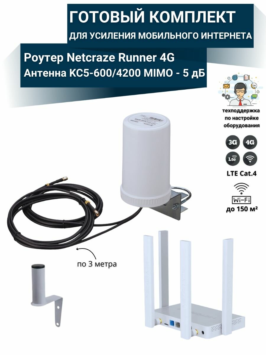 Комплект мобильного интернета 4G Роутер Netcraze Runner со всенаправленной антенной усилитель KC5-600/4200 MIMO
