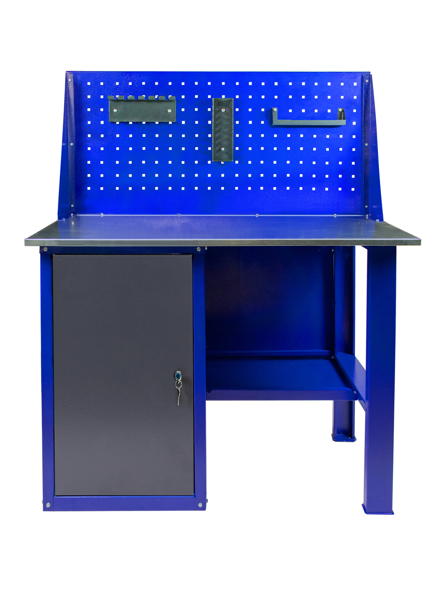 Верстак слесарный (столярный стол) с тумбой и дверцей на замке, 118*70*87 см, металлический, синий