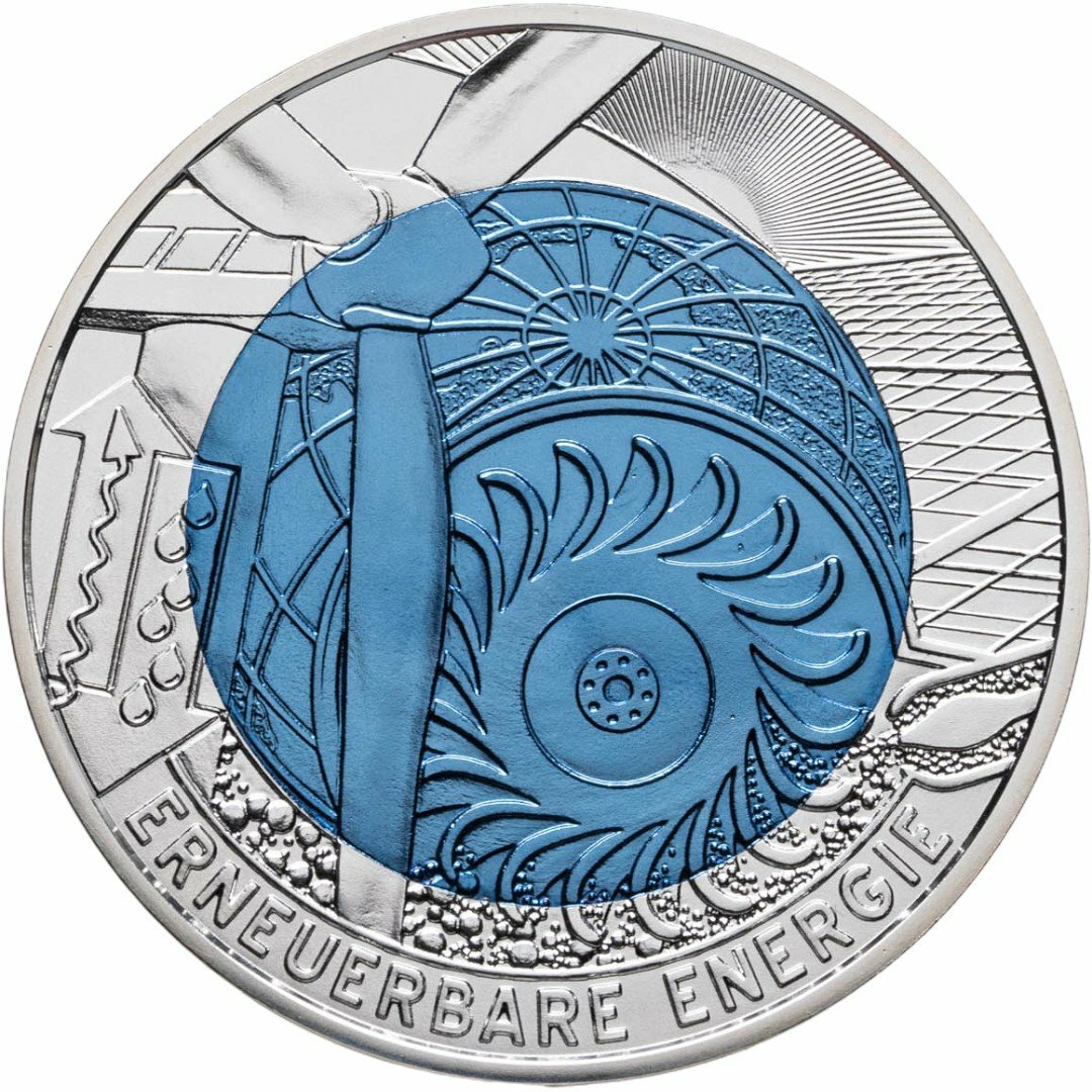 Австрия 25 евро 2010 "Возобновляемая Энергия", в футляре с сертификатом, Биметалл центр - ниобий, кольцо - серебро 900 пробы 900, в сохранности UNC
