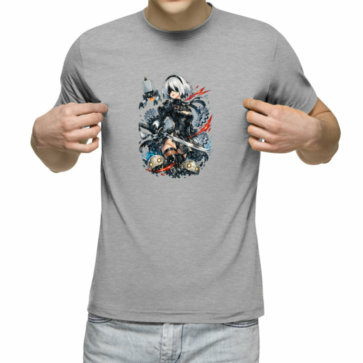 Мужская футболка «Neir automata 2b Аниме манга» (серый меланж, 2XL)