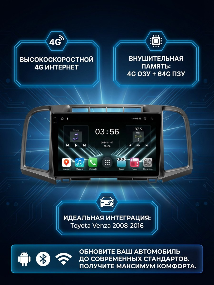 Магнитола автомобильная Тойота Венза (Toyota Venza) 2008-2016 на Android 14 (4GB/64GB/WiFi/GPS/BT/IPS)