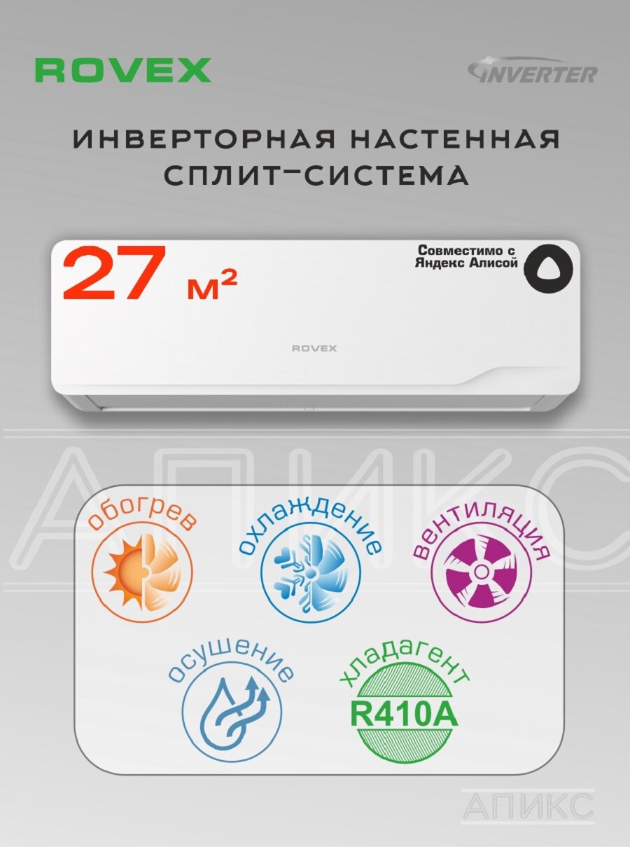 Сплит-система инверторная 9 ROVEX RS-09CBS5 PRO , Wi-Fi , бытовой кондиционер, до 27 м2, белый