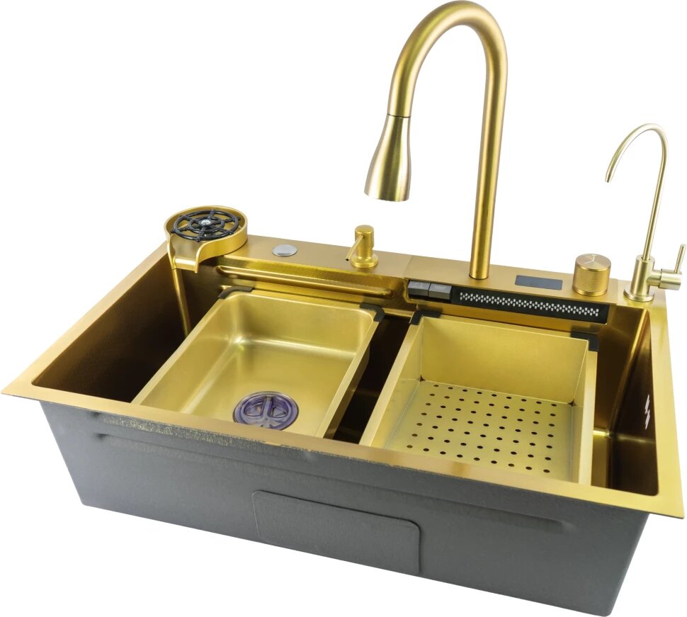 Кухонная мойка Fmark FSC002C 75x46 см, многофункциональная, золотой матовый