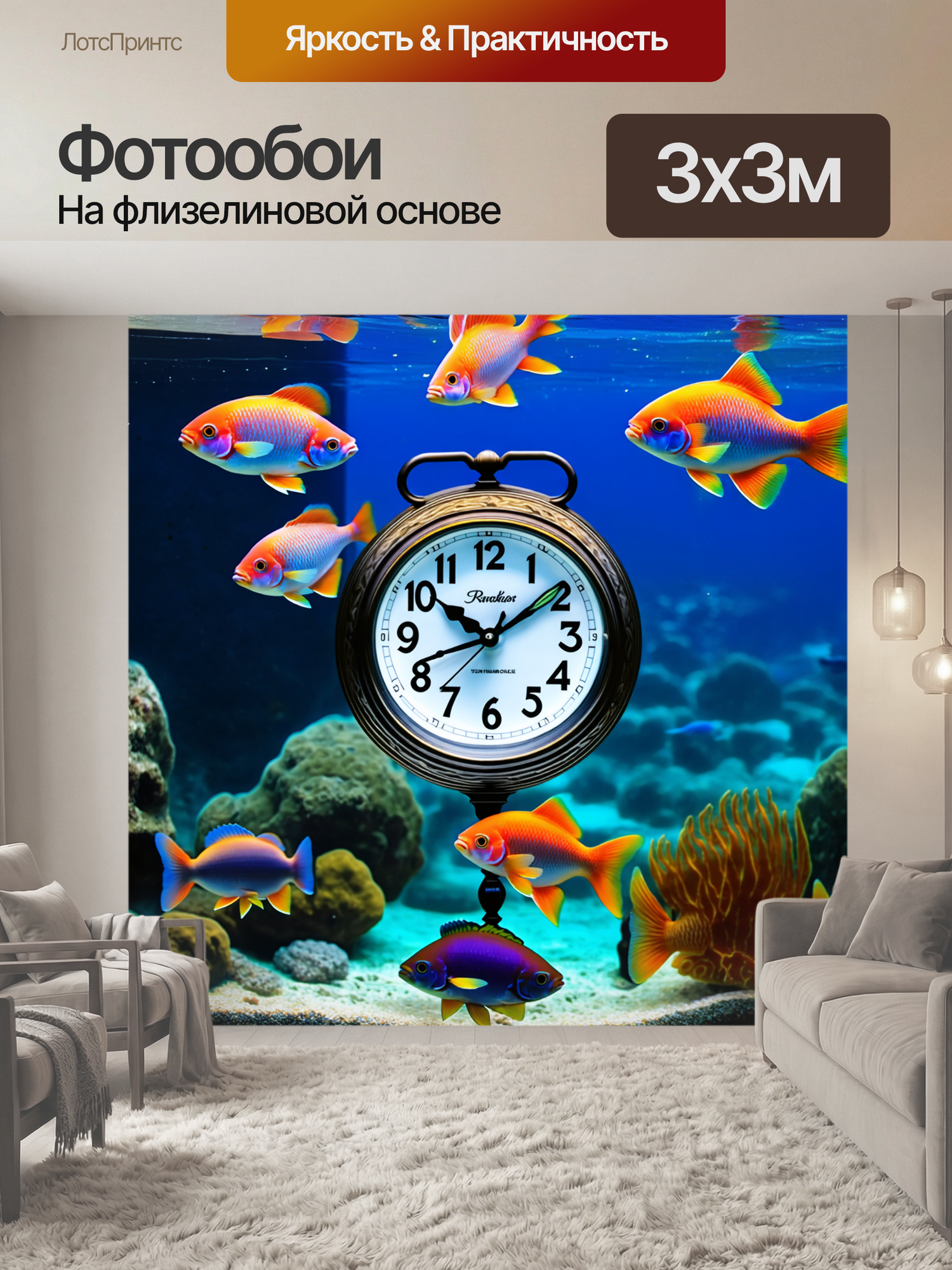 Фотообои "Часы-аквариум с живыми рыбками, плавающими вокруг циферблата, расположенные в яркой морской обстановке, создающие атмосферу спокойствия и уединения." 300x300 см. экосольвентная печать