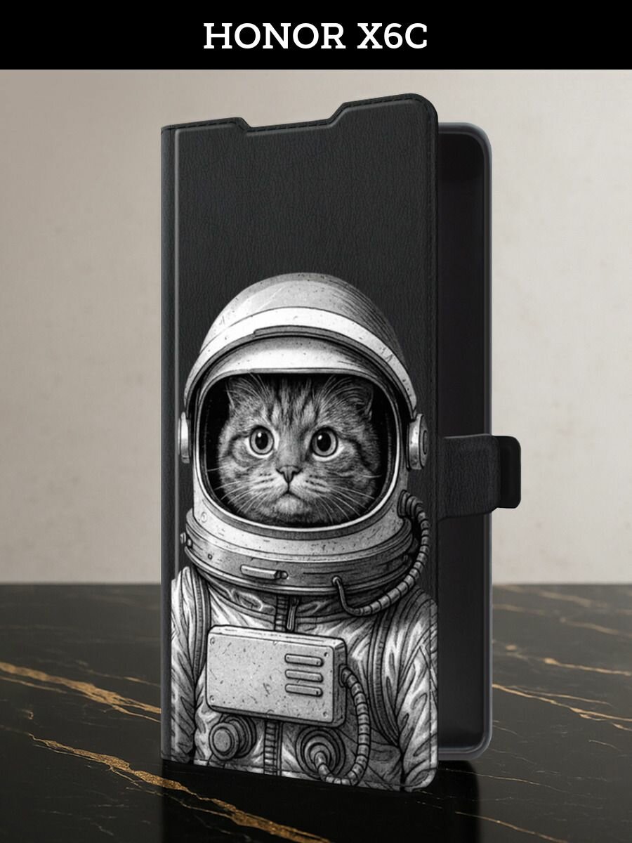 Чехол-книжка на Honor X6c / Хонор Х6с с принтом Котик в скафандре, черный
