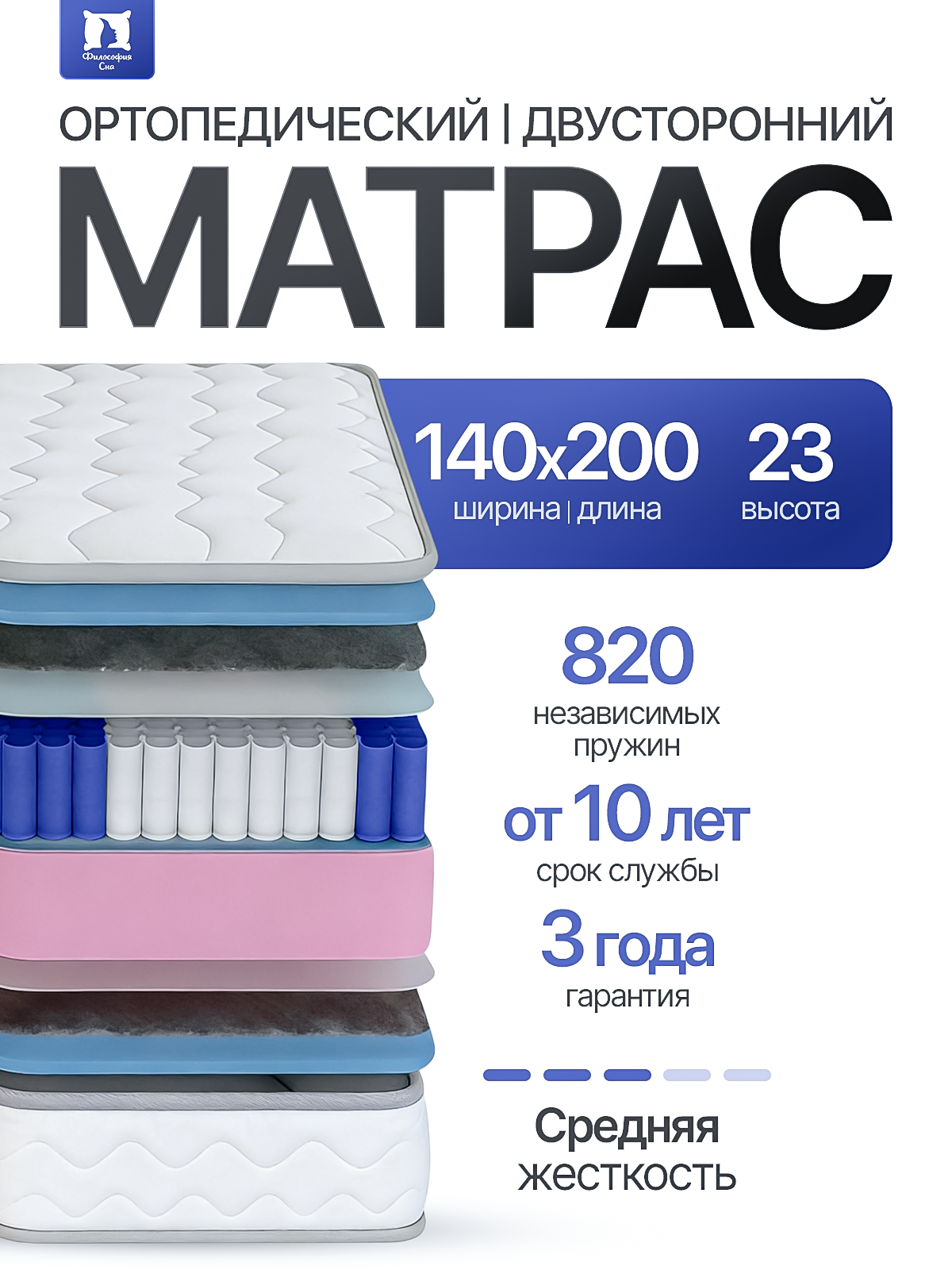 Матрас ортопедический двусторонний 140х200, высота 23 см, независимые пружины