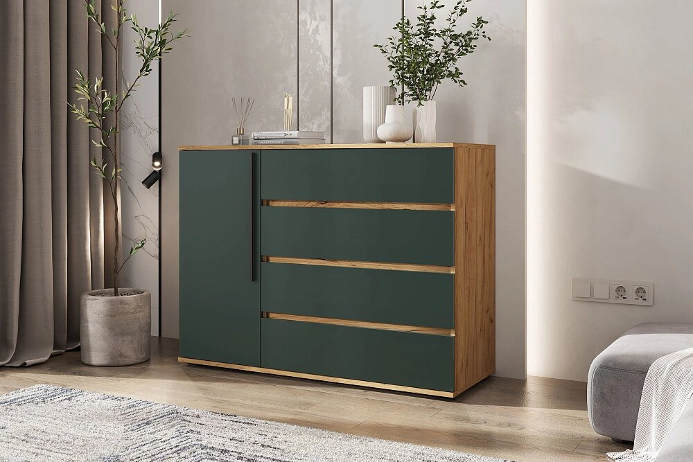 Комод для вещей 1 дверь 4 ящика 1 полка Норд, 120х90х45 см, Изумрудный / Дуб крафт