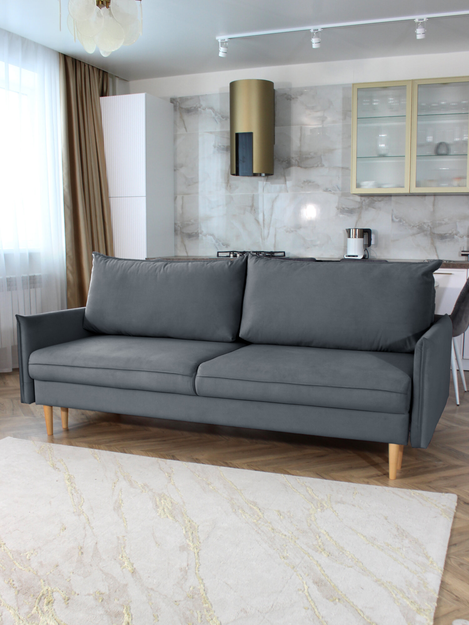 Диван-кровать Фьорд серый, механизм Тик-так, 212х96х80 см. Спальное место 147х198 см