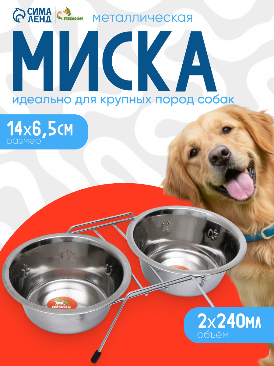 Набор Пижон, для кошек и собак, 2 миски, рельефные, с подставкой, серебристые, 240 мл