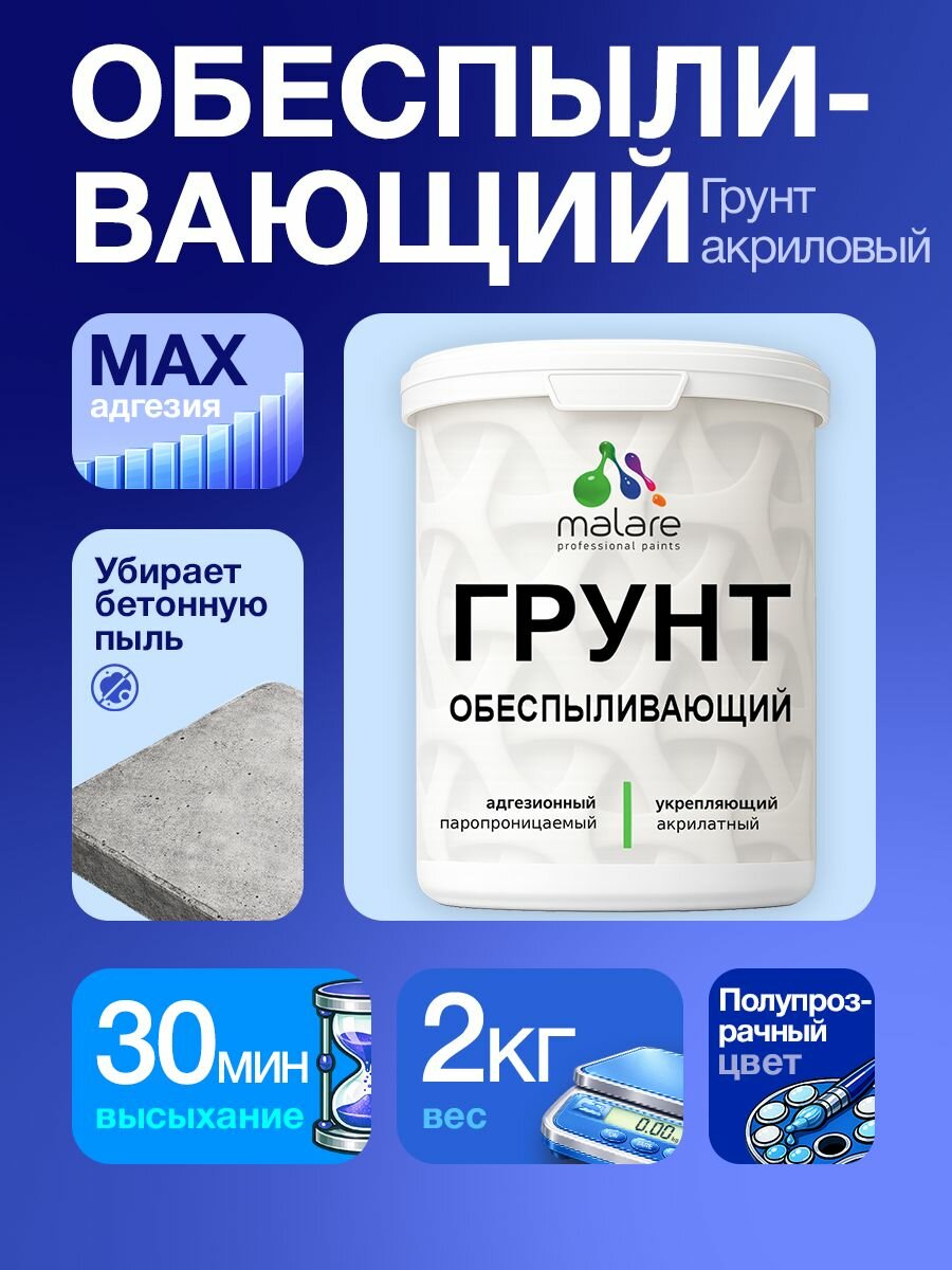 Грунт обеспыливающий Malare акриловый адгезионный универсальная, без запаха быстросохнущий, полупрозрачный, 0.5 кг.