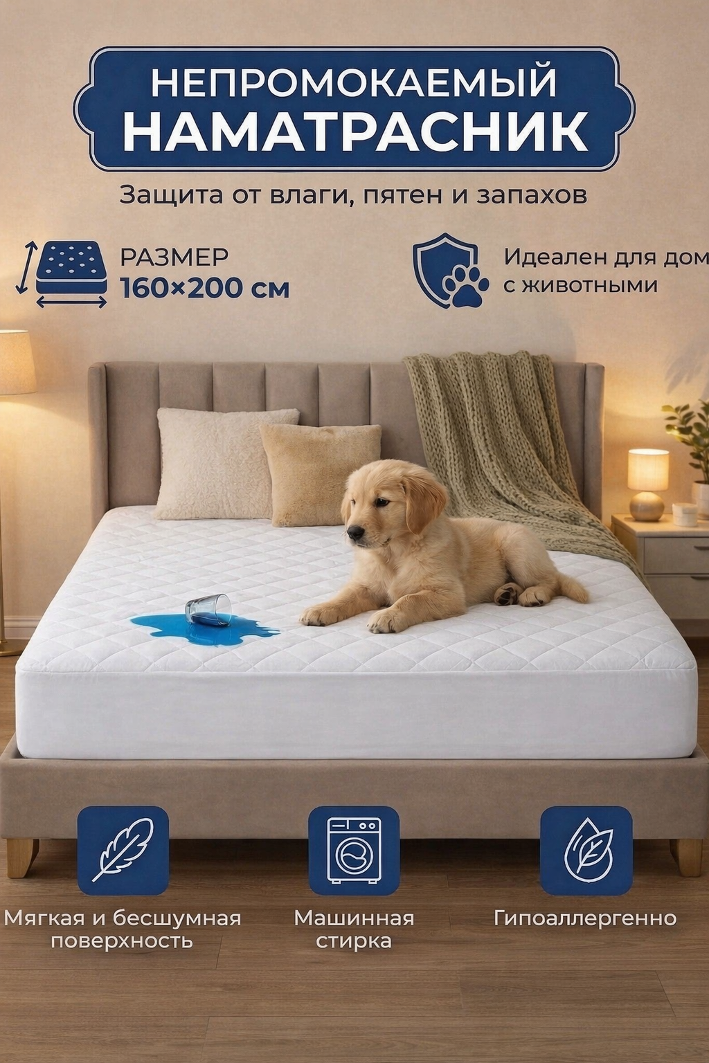 Водонепроницаемый наматрасник 160х200 +30 см с глубоким бортом, защитный чехол на матрас от влаги и пятен