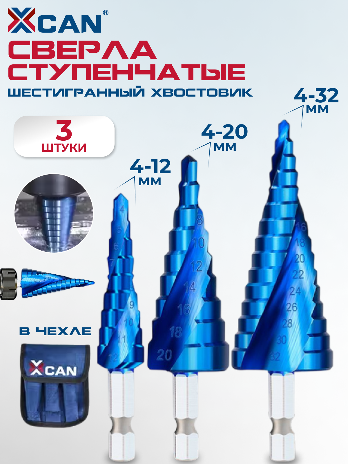 Набор ступенчатых сверл XCAN HSS спиральных с шестигранным хвостовиком нано-синее покрытие, 4-12/4-20/4-32 мм, в чехле