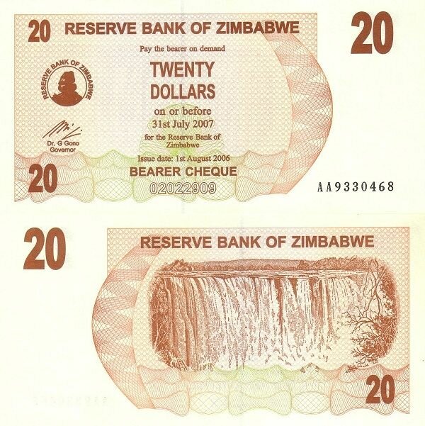 Зимбабве 20 долларов 2006 Водопад Виктория UNC
