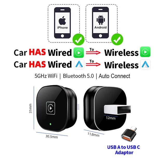 EKY EC14 Mini CarPlay Android Car Player — проводной адаптер для подключения к беспроводной приставке CarPlay, интеллектуальная приставка с поддержкой Bluetooth, Wi-Fi и Spotify Connect.