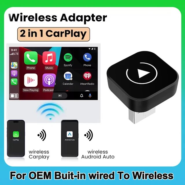 Smart Adapter AI Box 2-в-1 мини-адаптер, проводное подключение к беспроводной сети CarPlay и Android Auto, совместим с 98% моделей автомобилей, подключение и использование по Wi-Fi.