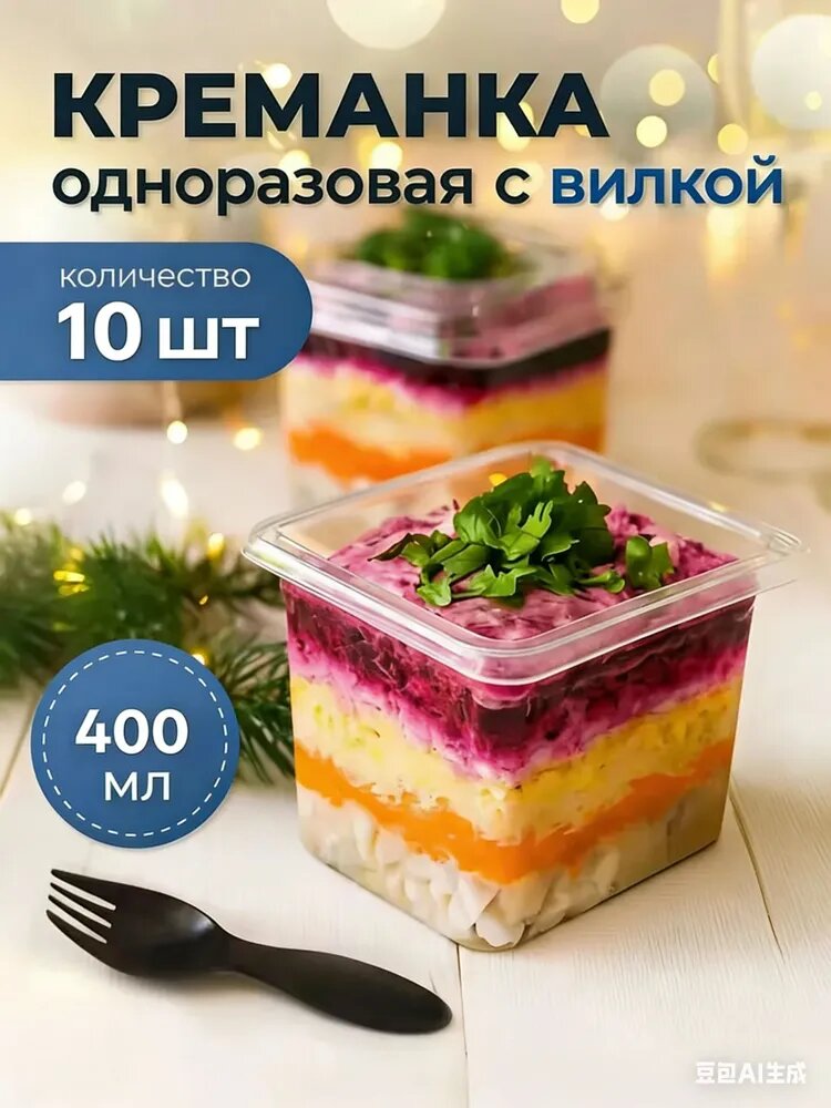 Одноразовый десертный стаканчик, пластиковый, с крышкой и вилкой, 400 мл, 10 шт