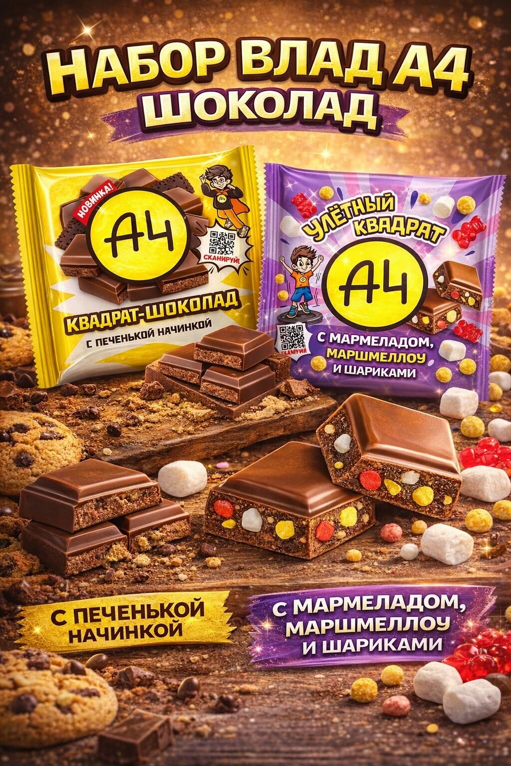 Набор 2 шт шоколада А4 с печенькой начинкой / с мармеладом, маршмеллоу и кукурузными шариками