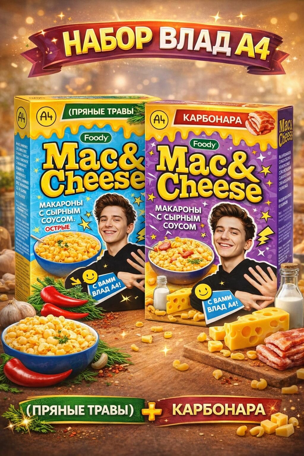 Набор 2 вкуса макарон Влад А4 Mac&Cheese Пряные травы / Карбонара по 143 гр.