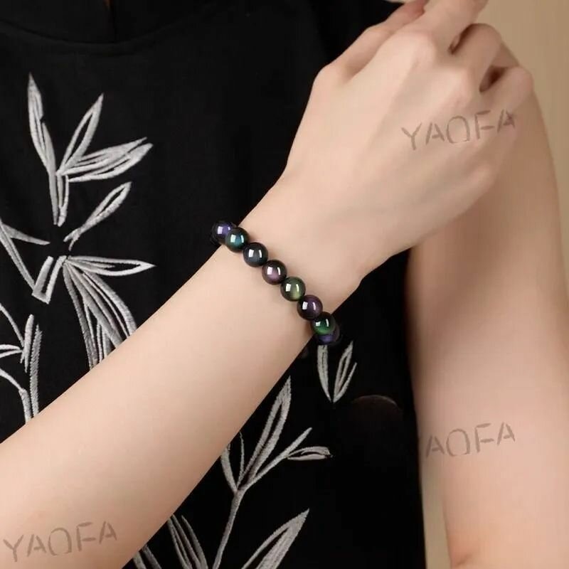 Натуральный радужный обсидиан 8 мм (унисекс браслет, защита энергии, вулканическое стекло)