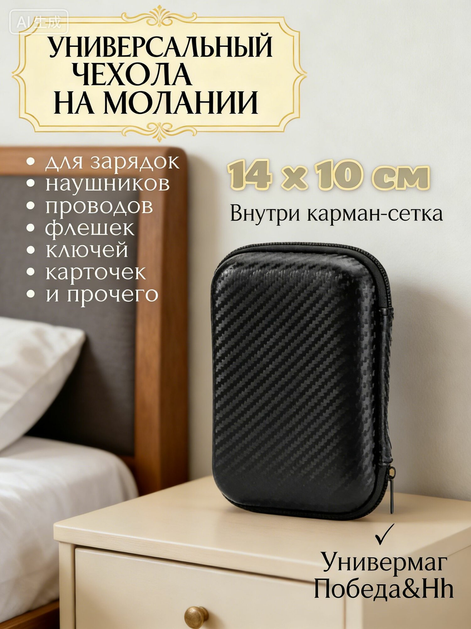 Чехол, кейс на молнии для проводных и беспроводных наушников, зарядки, проводов, кабелей и аксессуаров чёрный,14*10cm