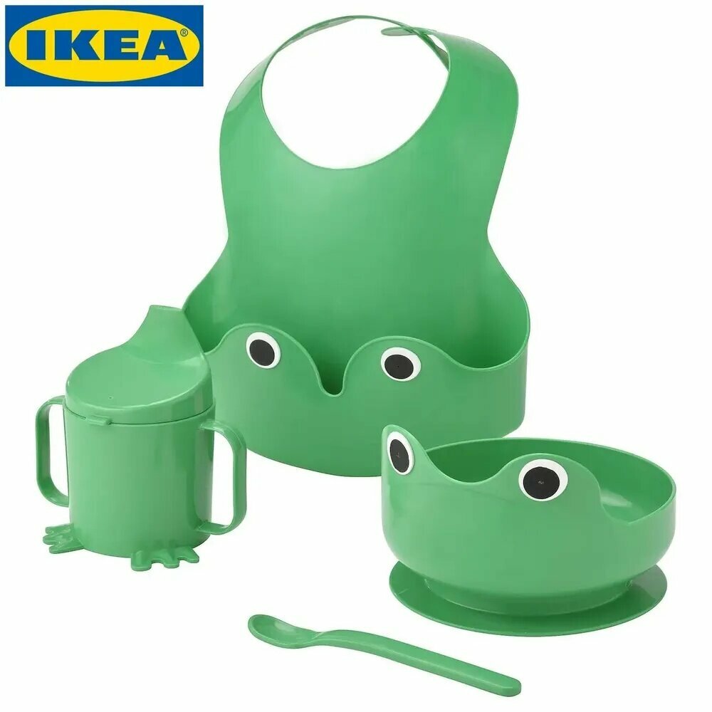 Набор детской посуды, икеа, MATA (Мата), 4 предм, Поильник, тарелка, ложка, нагрудник.