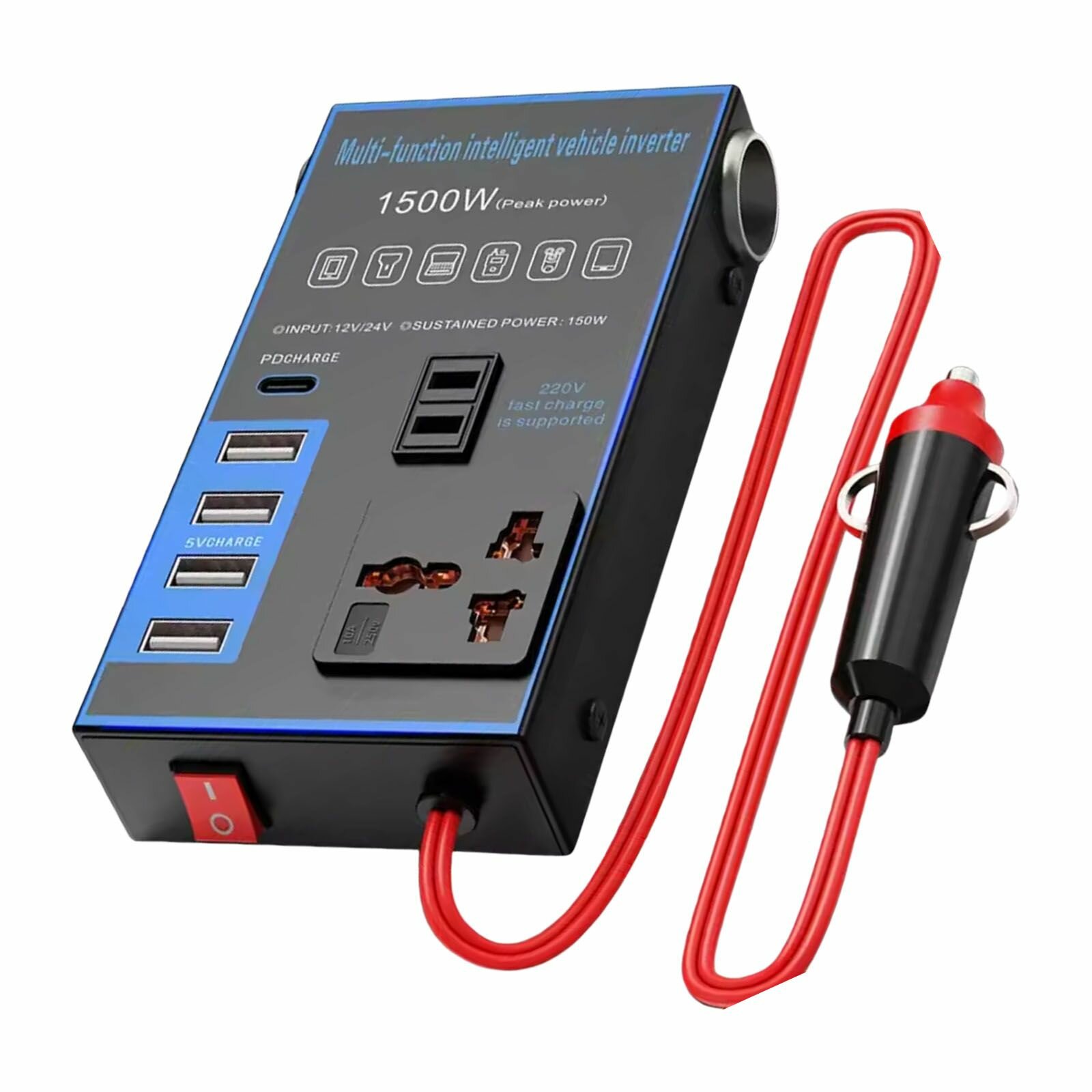 Встроенный преобразователь 1500Вт 12В/24В в 220В c USB для авто