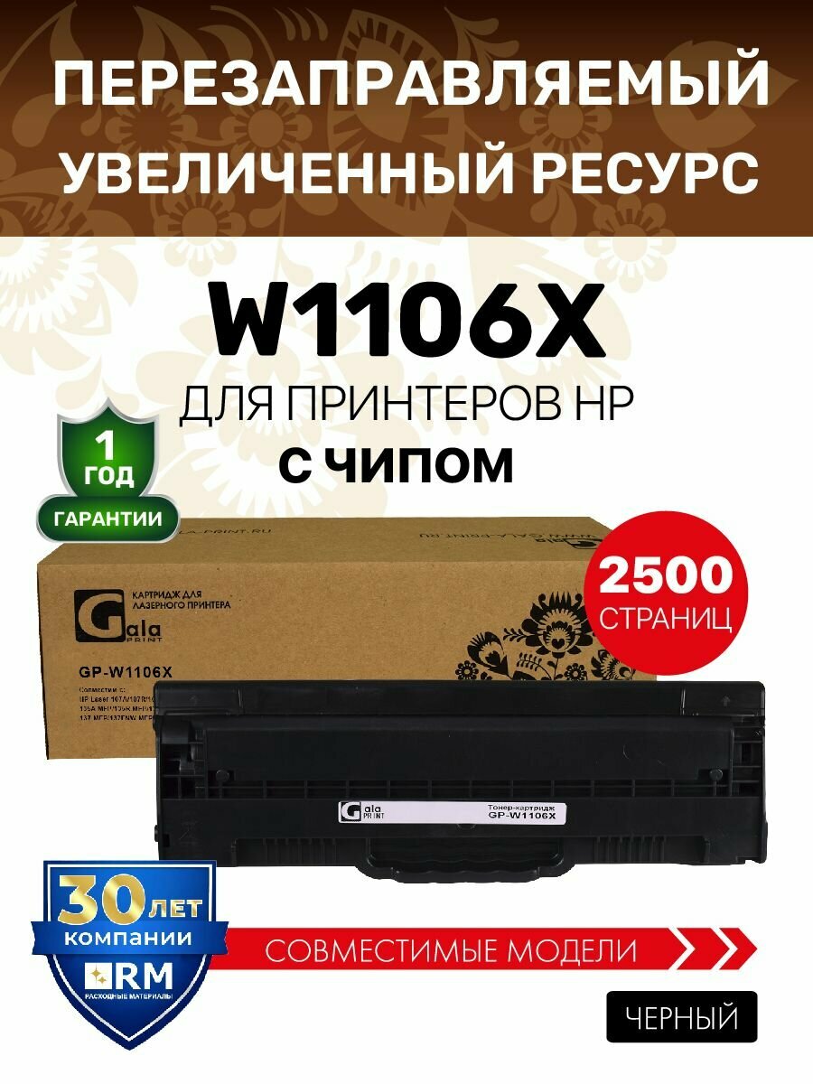 Картридж GalaPrint W1106X (HP 106X) перезаправляемый, с чипом для принтеров HP 107a/107w/135w/135a/137fnw 2500 копий лазерный, совместимый
