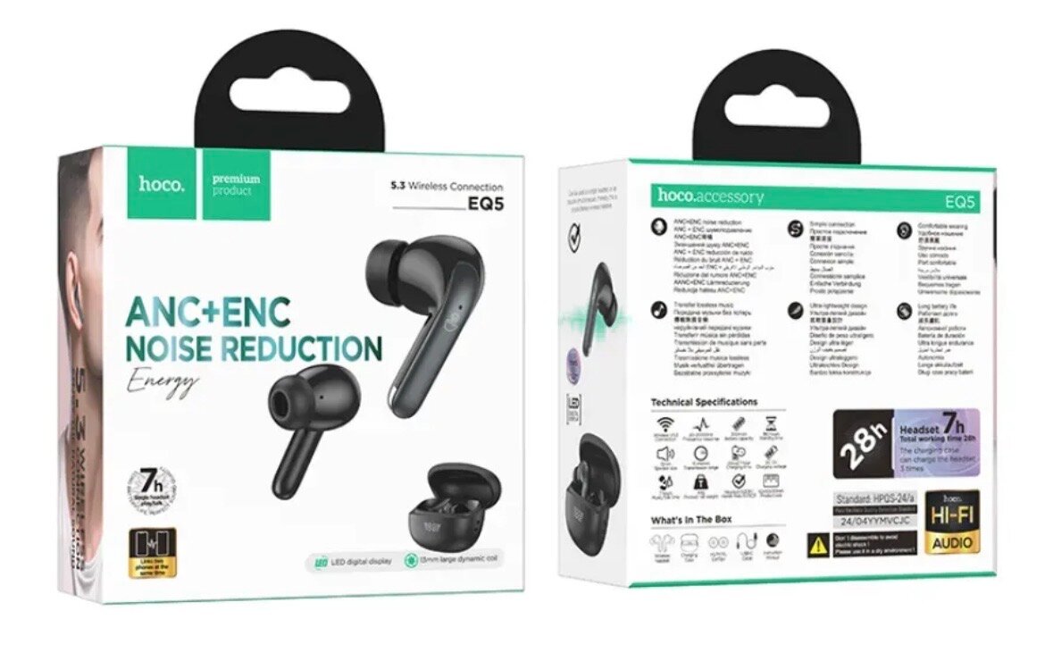 Наушники Hoco EQ5 ANC+ENC Black, беспроводные, Bluetooth 5.3