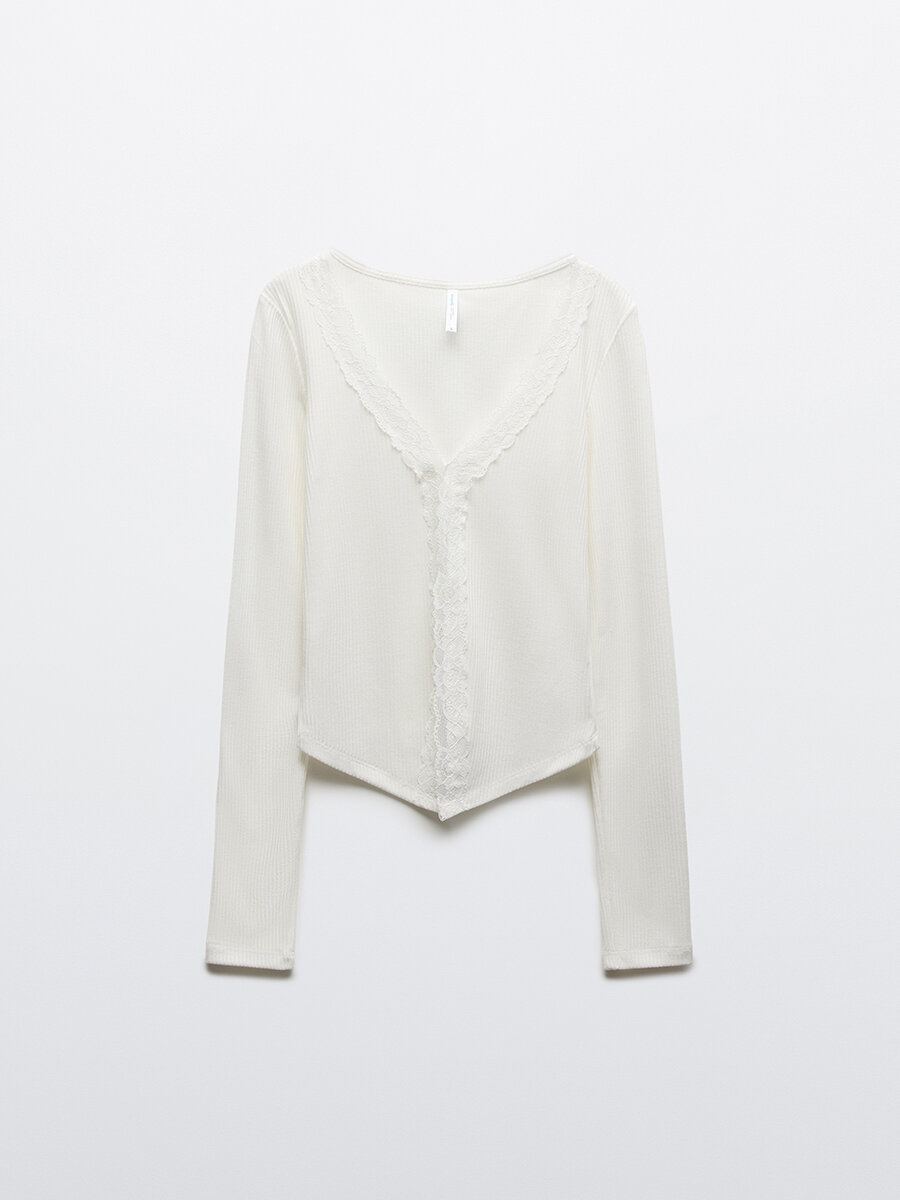 Лонгслив облегающий в рубчик с кружевной отделкой