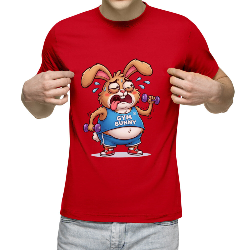 Мужская футболка «Мультяшный кролик с гантелями» (красный, S)