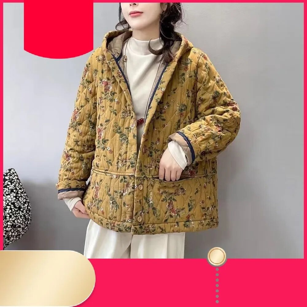 Женская куртка с цветочным принтом, хлопковая весенне-осенняя куртка с капюшоном и пуговицами, размер one size