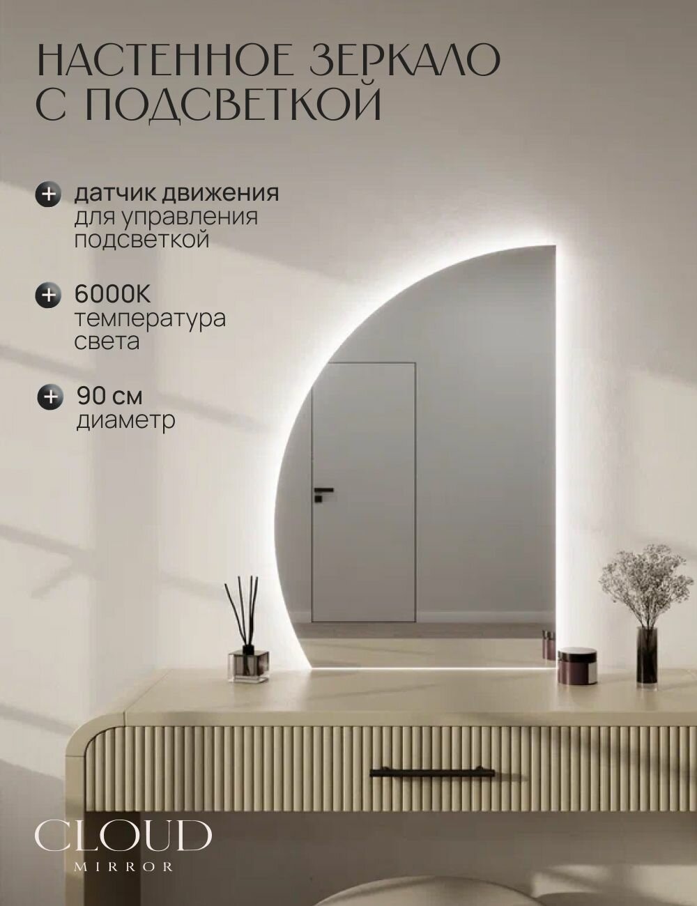 Зеркало настенное 90х60 см. CLOUD MIRROR М10 левая сторона фигурное с подсветкой холодный свет 6000К