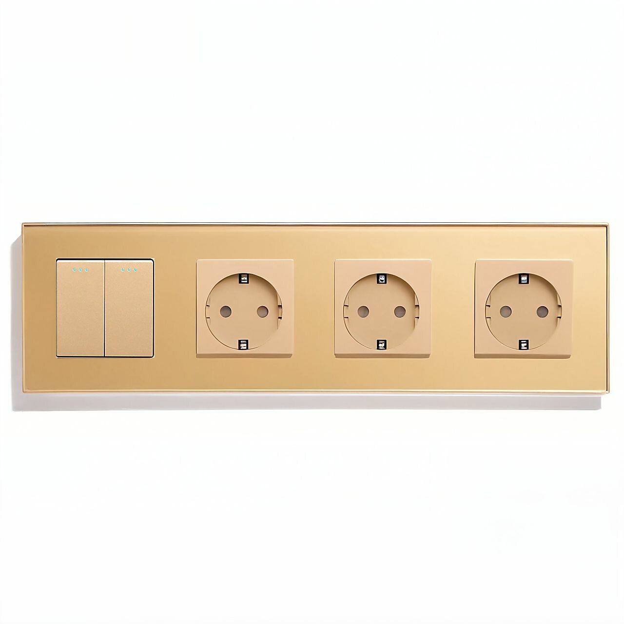 Выключатель с розеткой, 2 клавиши 3 розетки, 4 поста (M2+3F) рамка стекло 299х86мм цвет золотой
