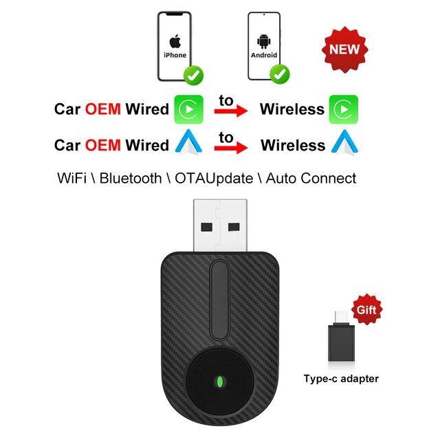 Этот беспроводной адаптер CarPlay/Android Auto 2-в-1 совместим со штатными автомобильными аудиосистемами, поддерживает функцию подключения по USB и позволяет преобразовывать проводное подключение CarPlay в беспроводное.