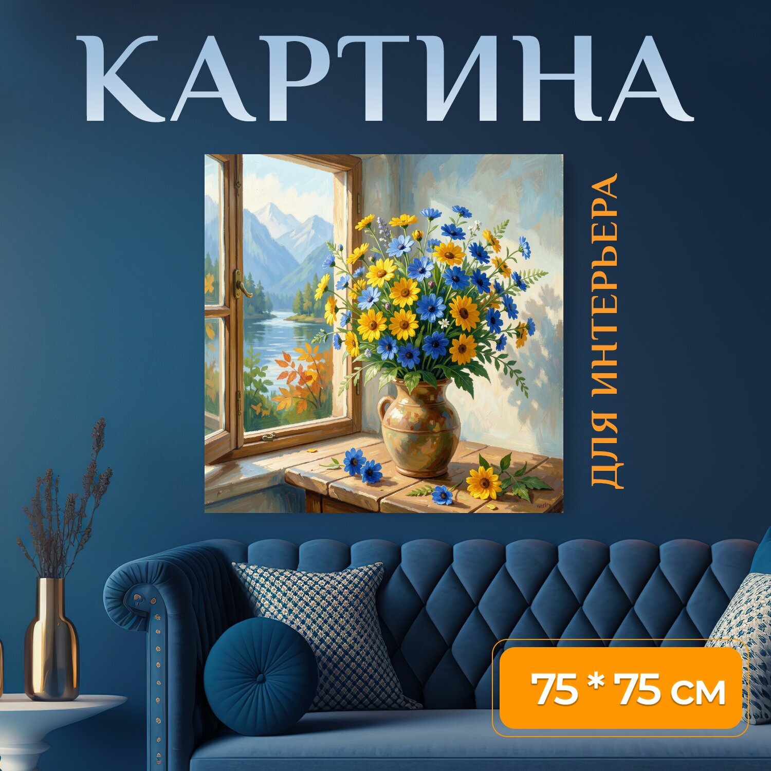 Картина на холсте "Полевые цветы у окна с горами. Живописная летняя композиция с букетом ярких ромашек и васильков в керамическом кувшине на." на подрамнике 75х75 см. для интерьера
