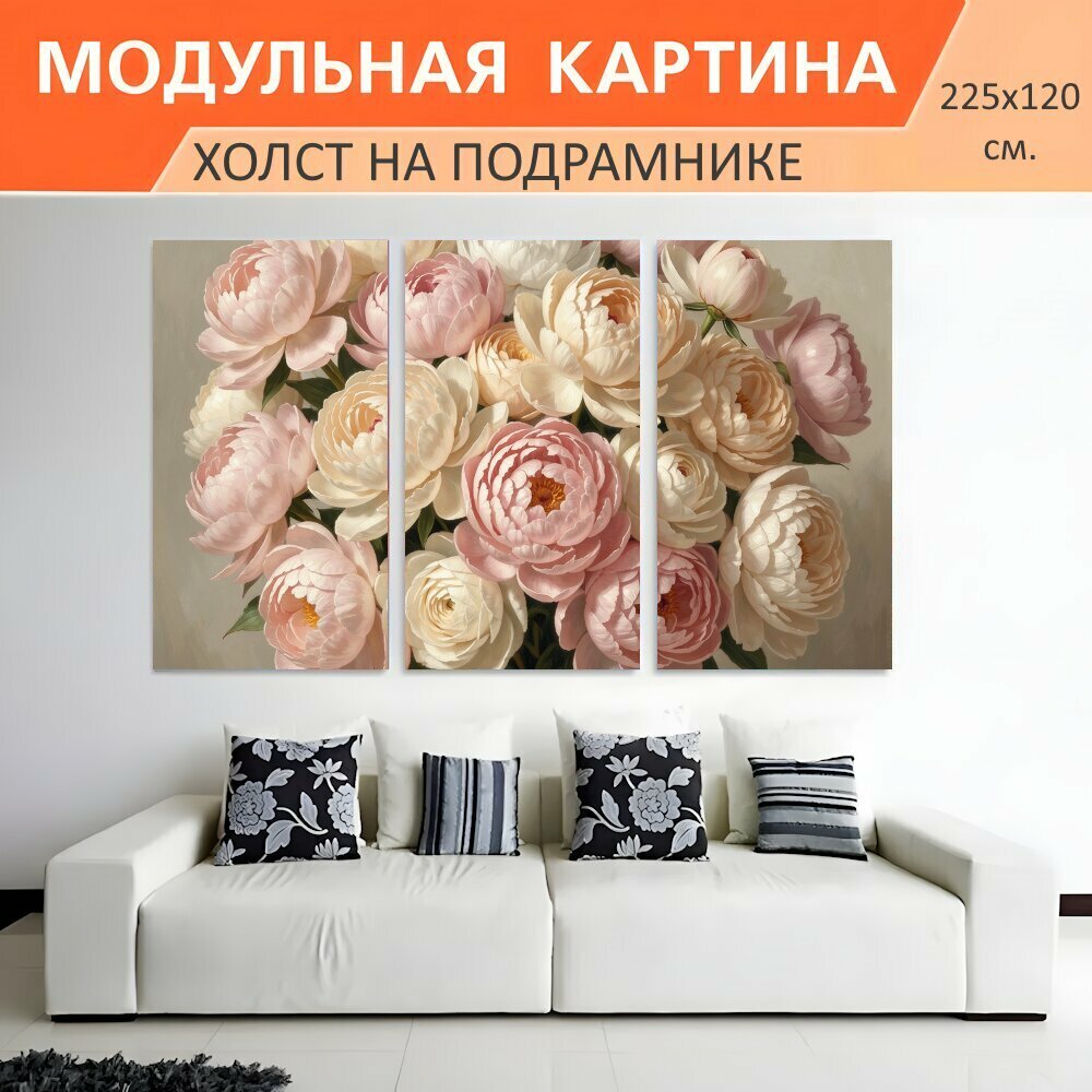 Модульная картина на холсте "Нежный букет пионов. Пышная цветочная композиция в пастельной гамме: розовые, кремовые и белые лепестки." триптих на подрамнике 225х120 см. для интерьера